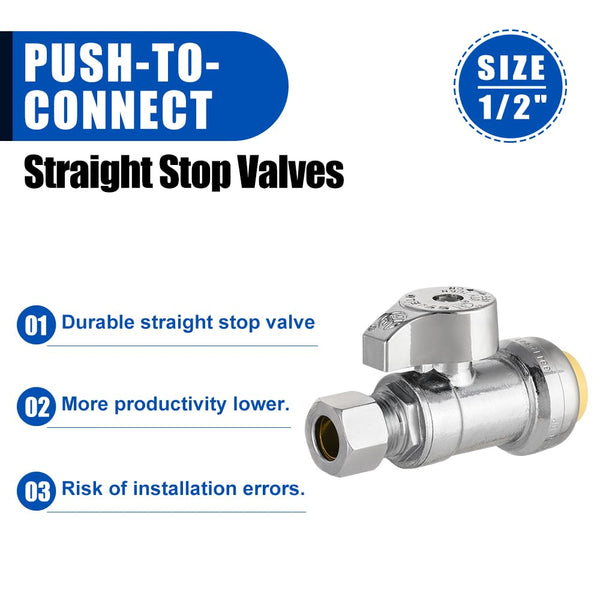 EFIELD 1/2" Push Connect x 3/8" Compr. Straight Stop Valve, New Handle ...