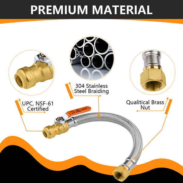 3/4" Push fit x 3/4" FIP Flexible Water Heater Connector Hose, with Ba ...
