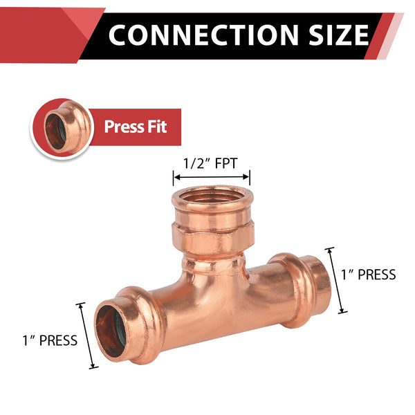 EFIELD 1" x 1" x 1/2" Press x Press x Female Thread Copper Tee (Lead ...